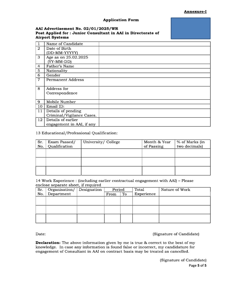 Application Form Aai Junior Consultant 2025 Job Notification | PDF
