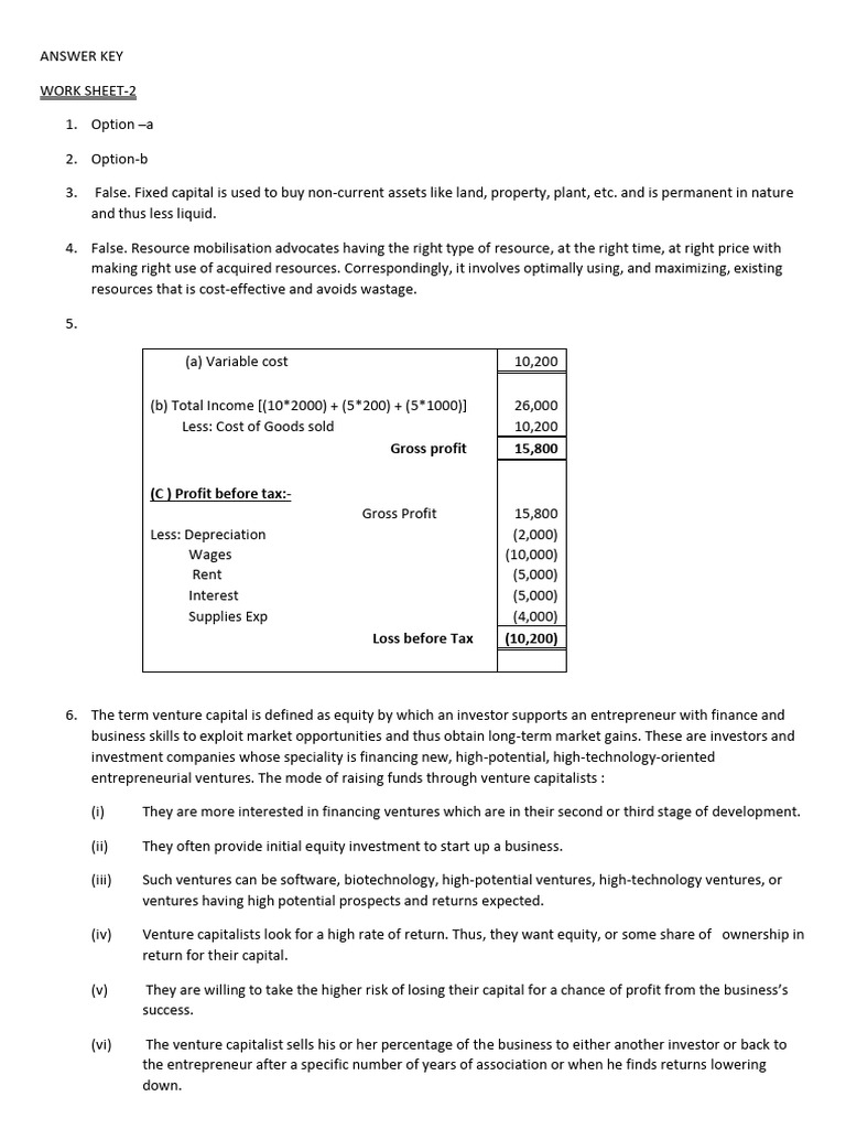 ENTP Answer Key(Work Sheet 2) | PDF | Venture Capital | Corporate Finance