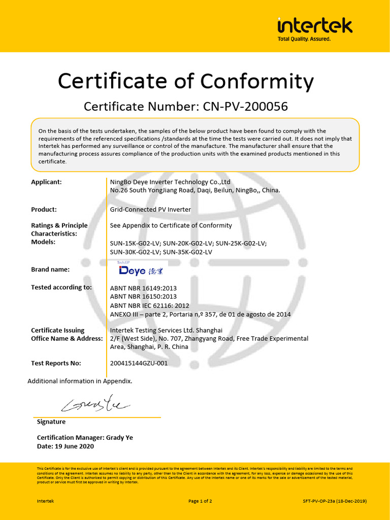 Certificado Conformidad Inversor Deye On Grid 20 KW | PDF | Electricity | Electrical Engineering