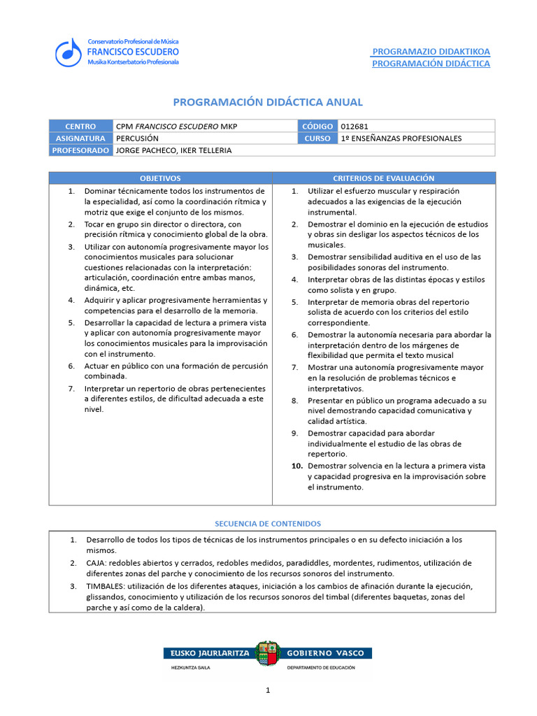 Ee.pp . Percusion Programacion Didactica | PDF | Kit de batería | Orquestas