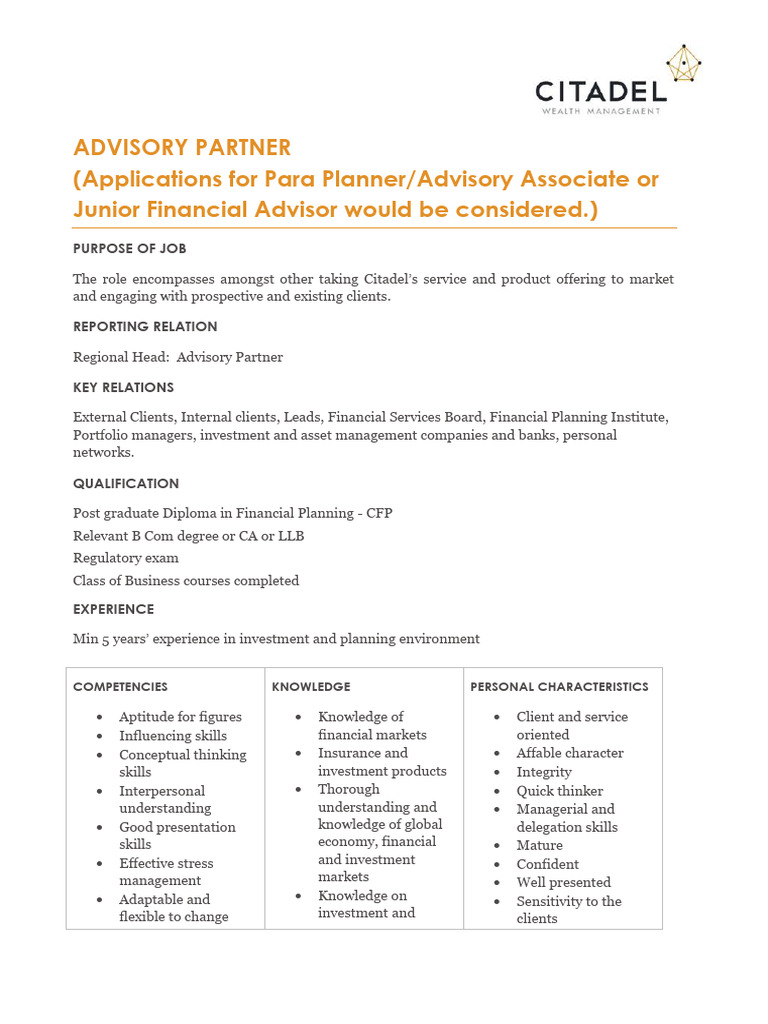 Advisory Partner Job Description | PDF | Business | Economies