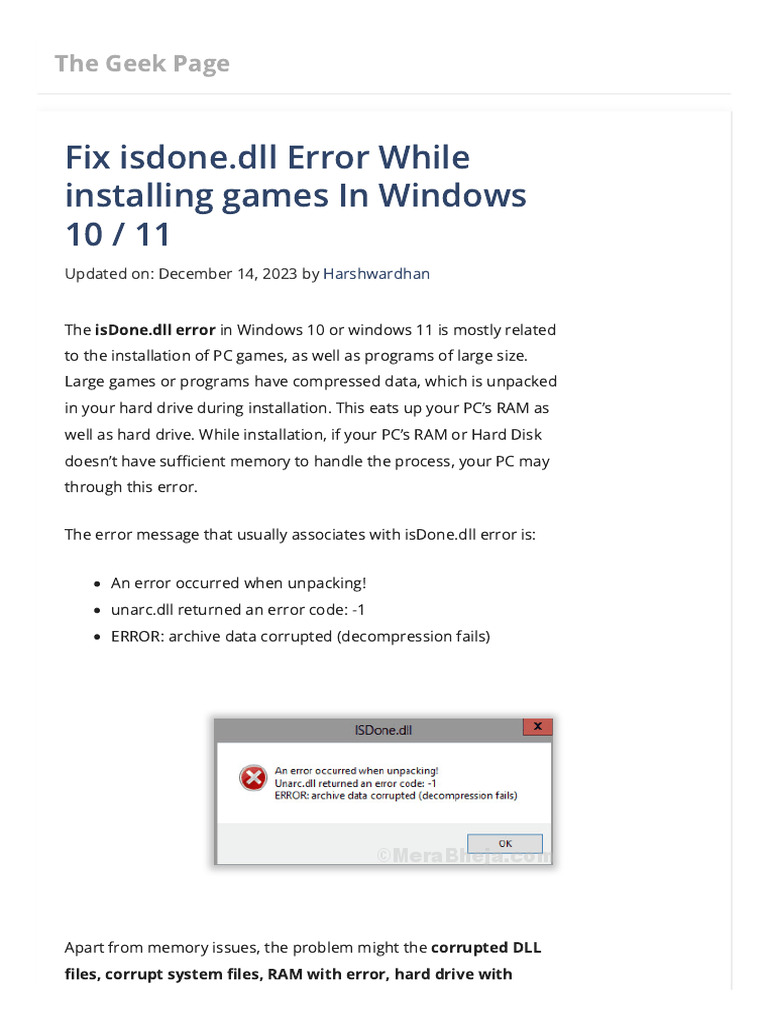 Fix Isdone Dll Error While Installing Games In Windows 10 11 Pdf Computer File