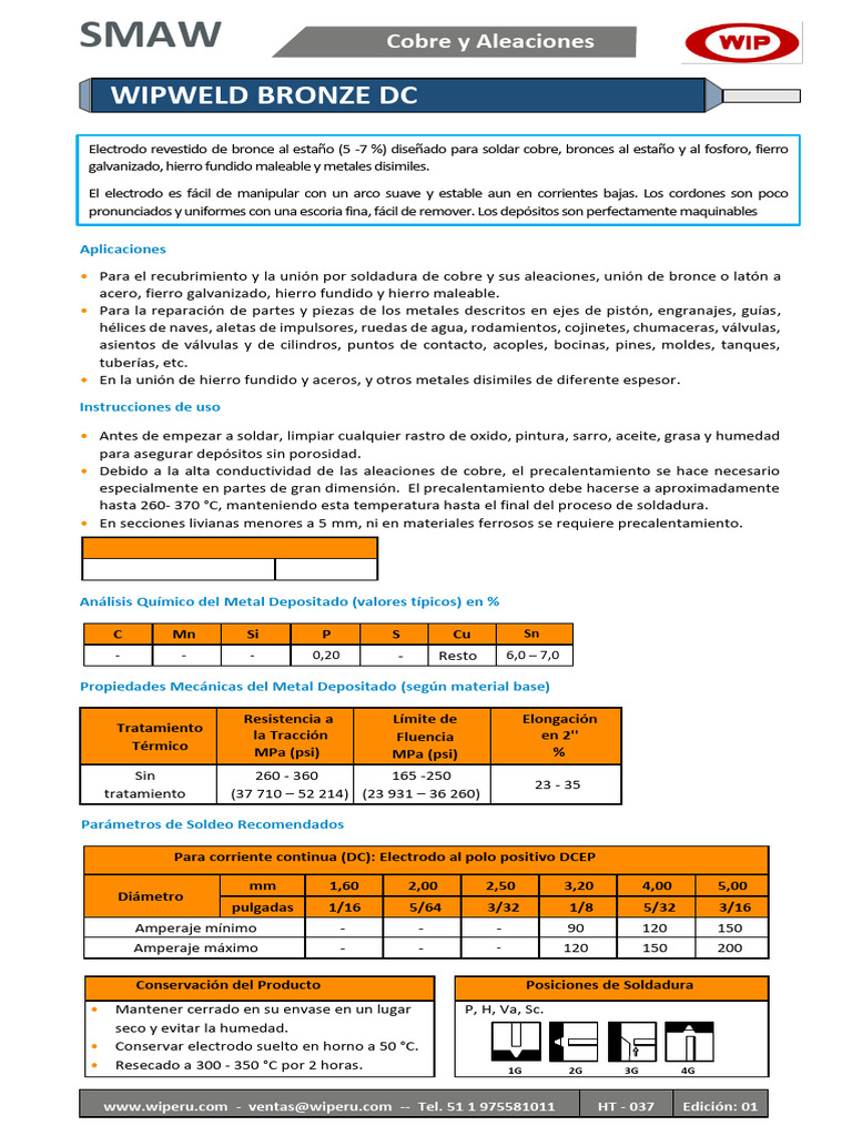 Electrodo Wipweld Bronze DC (AWS ECUSN-A) | PDF | Soldadura | Construcción