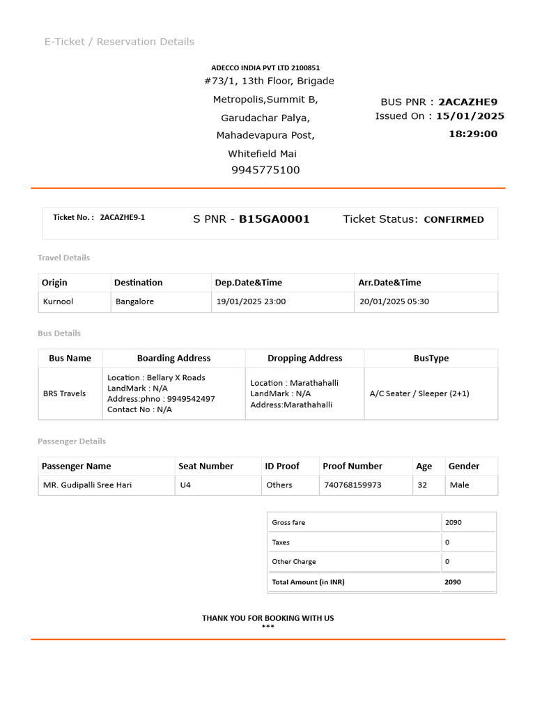 MR. Gudipalli Sree Hari KUL - BLR BUS Ticket | PDF