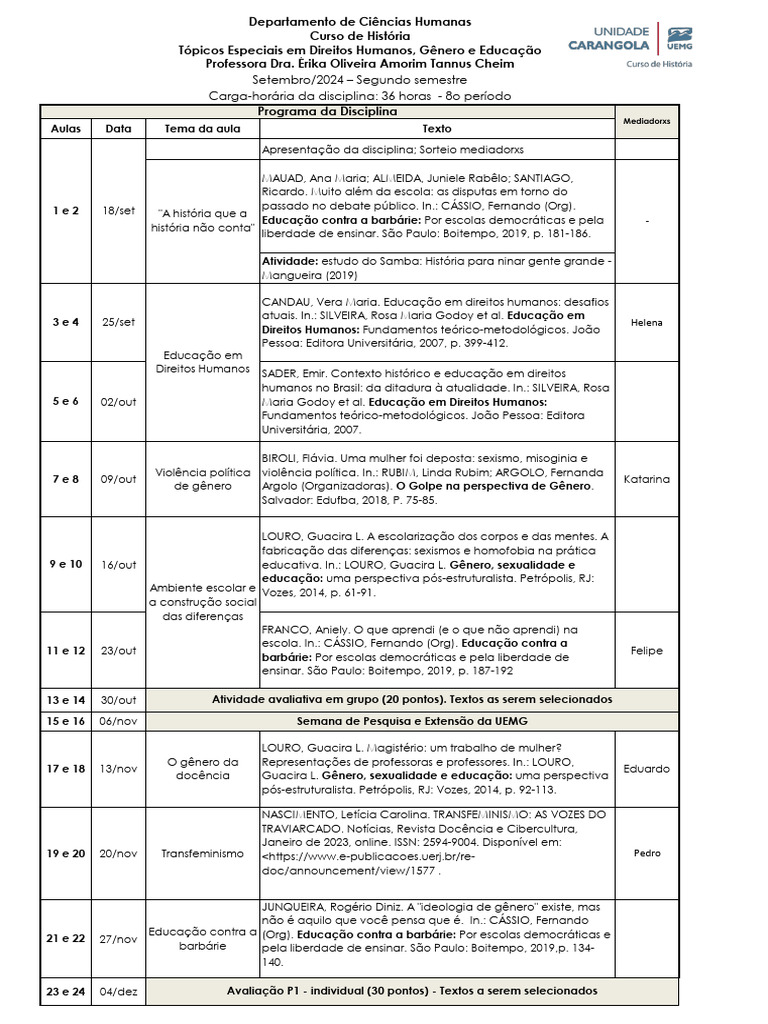 Programa Da Disciplina 2024 2 | PDF