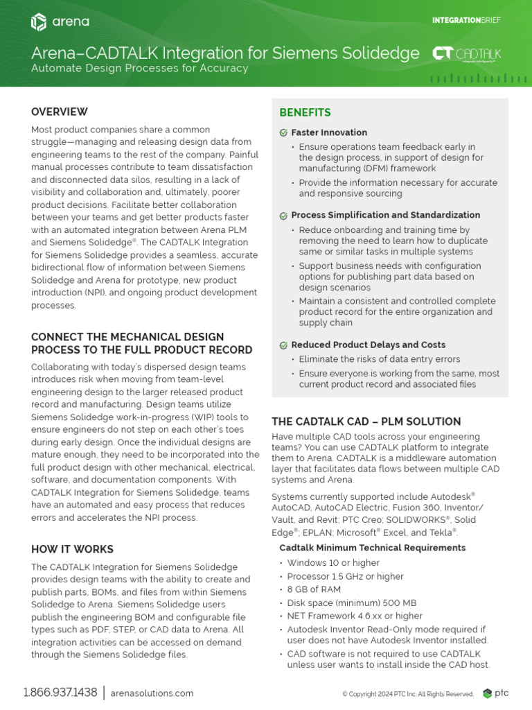 Arena CADTALK Siemens Solidedge Integration | PDF | Computer Aided Design | Product Lifecycle