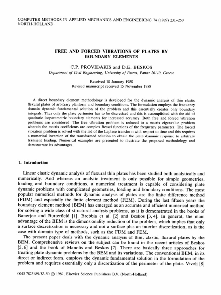 C_P_PROVIDAKIS_D_E_BESKOS_free_and_forced_vibration_by_boundary_elements_(1988) | PDF | Boundary ...