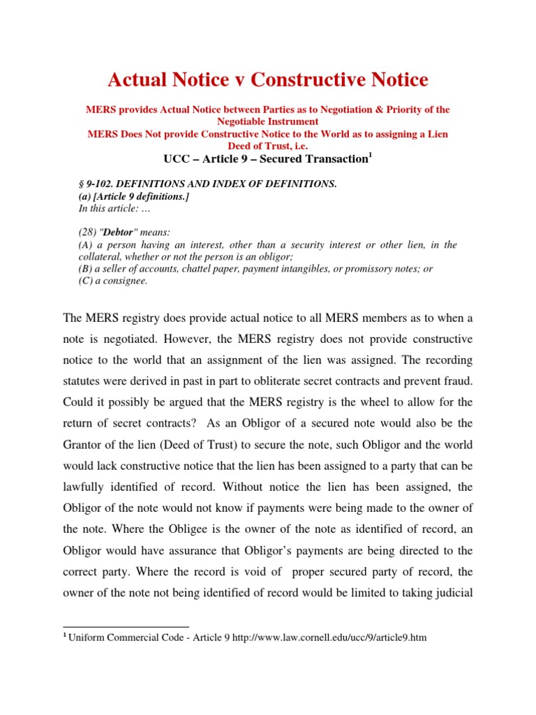 Actual Notice v Constructive Notice | Security Interest | Lien