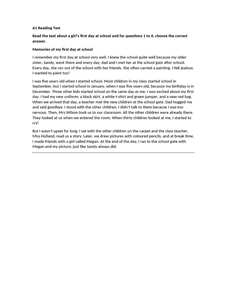 A1 Reading Test: First Day at School | PDF
