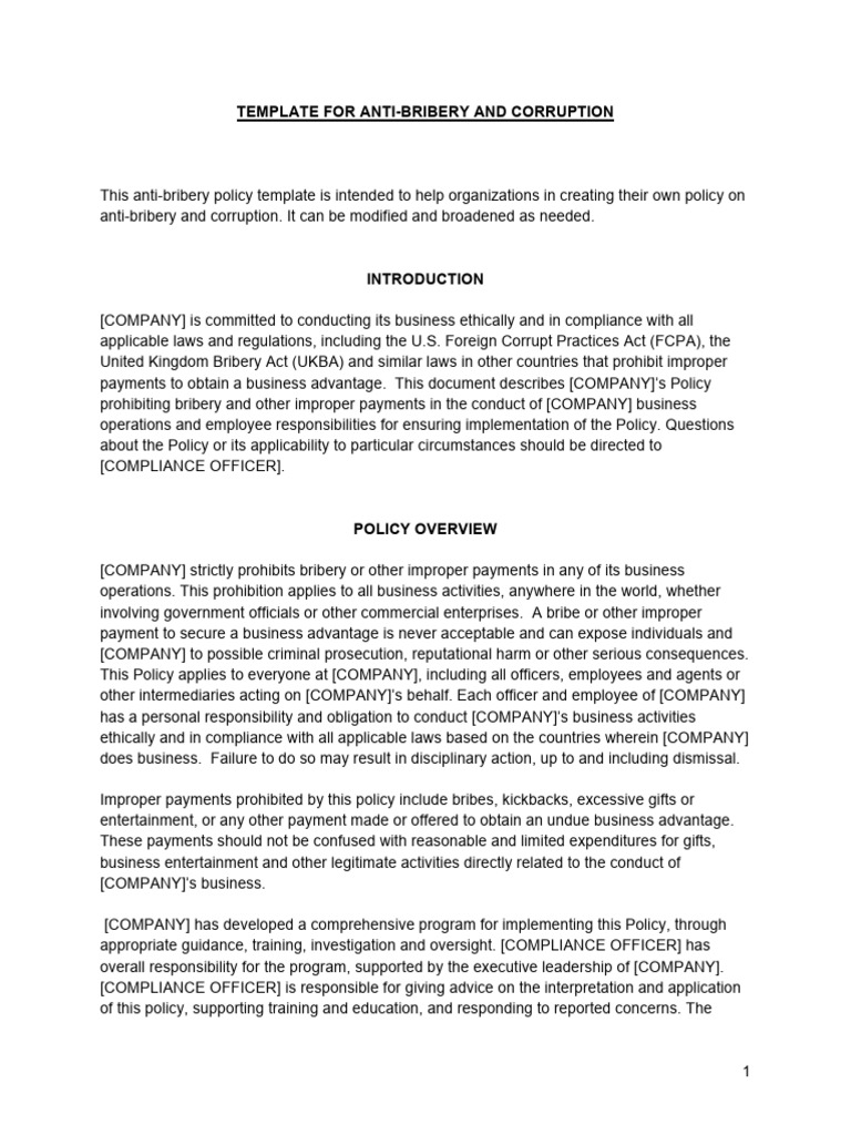 Anti-Bribery Policy Template Guide | PDF | Bribery | Corruption