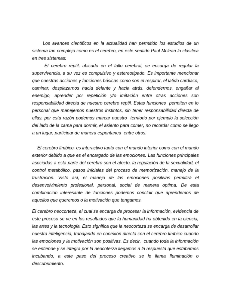 Estructura del Cerebro: Reptil, Límbico y Neocorteza | PDF