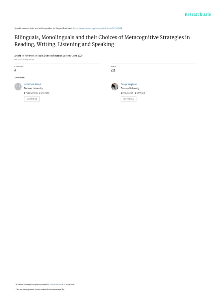 Wood, 2020, Bilinguals, Monolinguals and Their Choices of Metacognitive Strategies in Reading ...