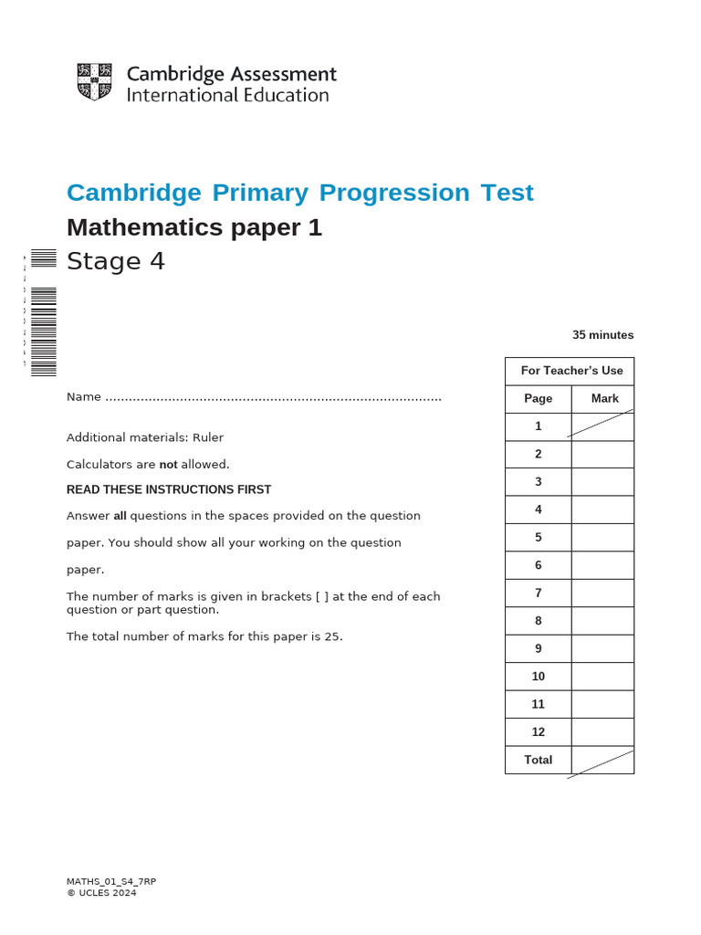 2018 Cambridge Primary Progression Test Maths Stage 4 QP Paper 1_tcm142 ...