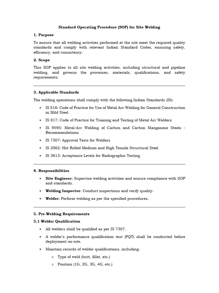 Site Welding SOP for Quality & Safety | PDF | Welding | Construction