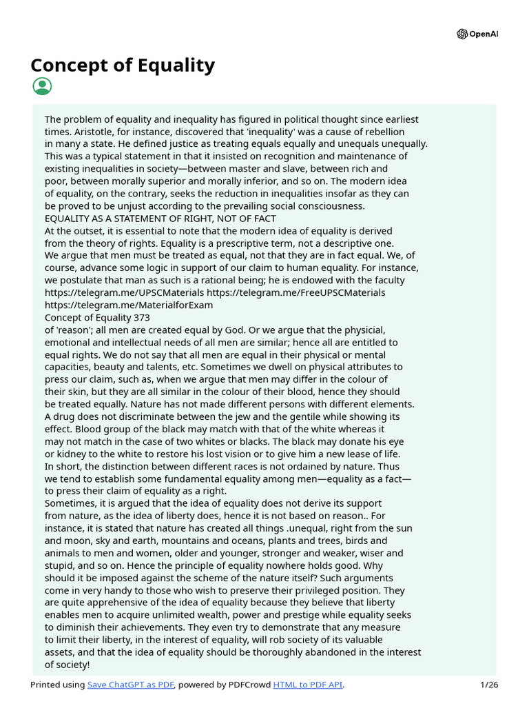 Concept of Equality | PDF | Equal Opportunity | Egalitarianism