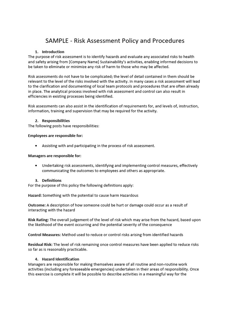 SAMPLE - Risk Assessment Policy and Procedures | PDF | Risk | Risk ...