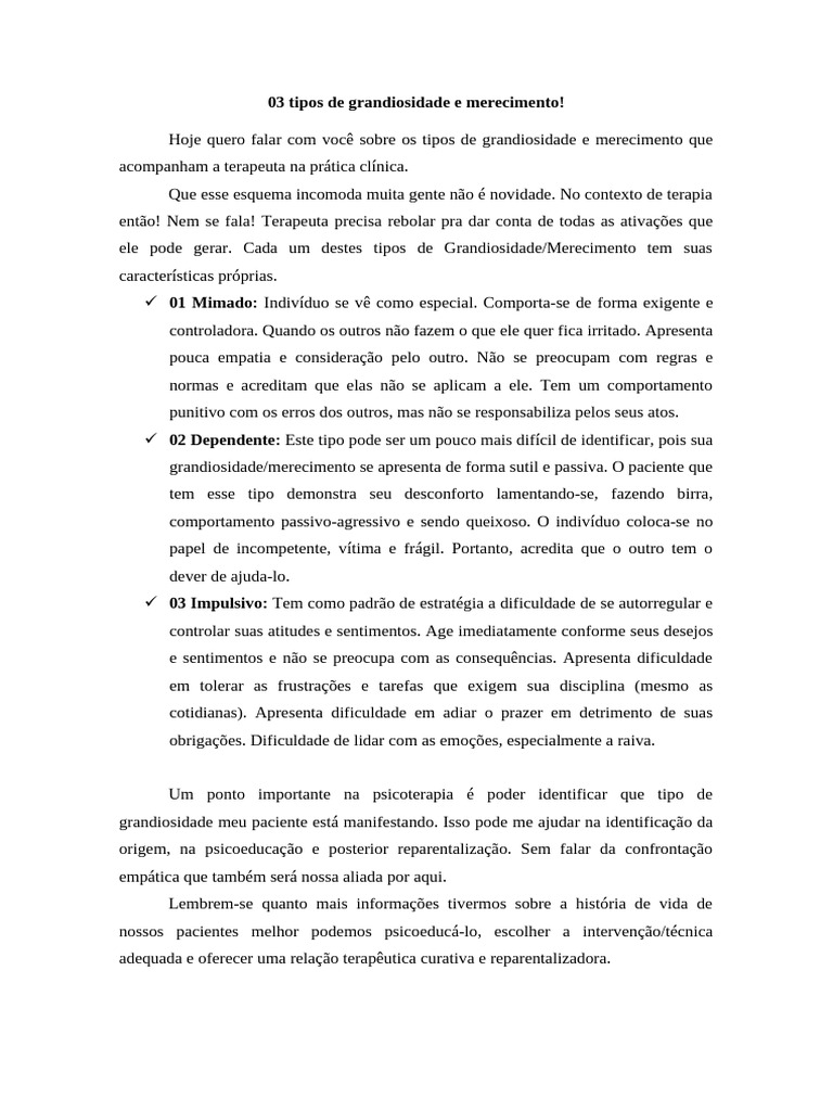 03 Tipos de Grandiosidade e Merecimento | PDF