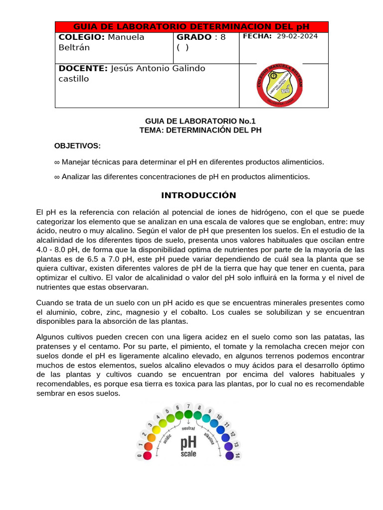GUIA LAB N°1 DETERMINACIÓN DEL PH GRADO 8 | PDF | Ph | Agua