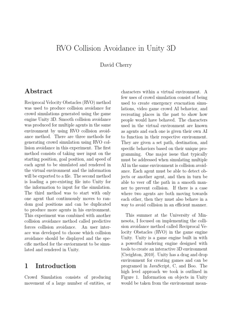 Rvo Collision Avoidance In Unity 3d Pdf Simulation Computing