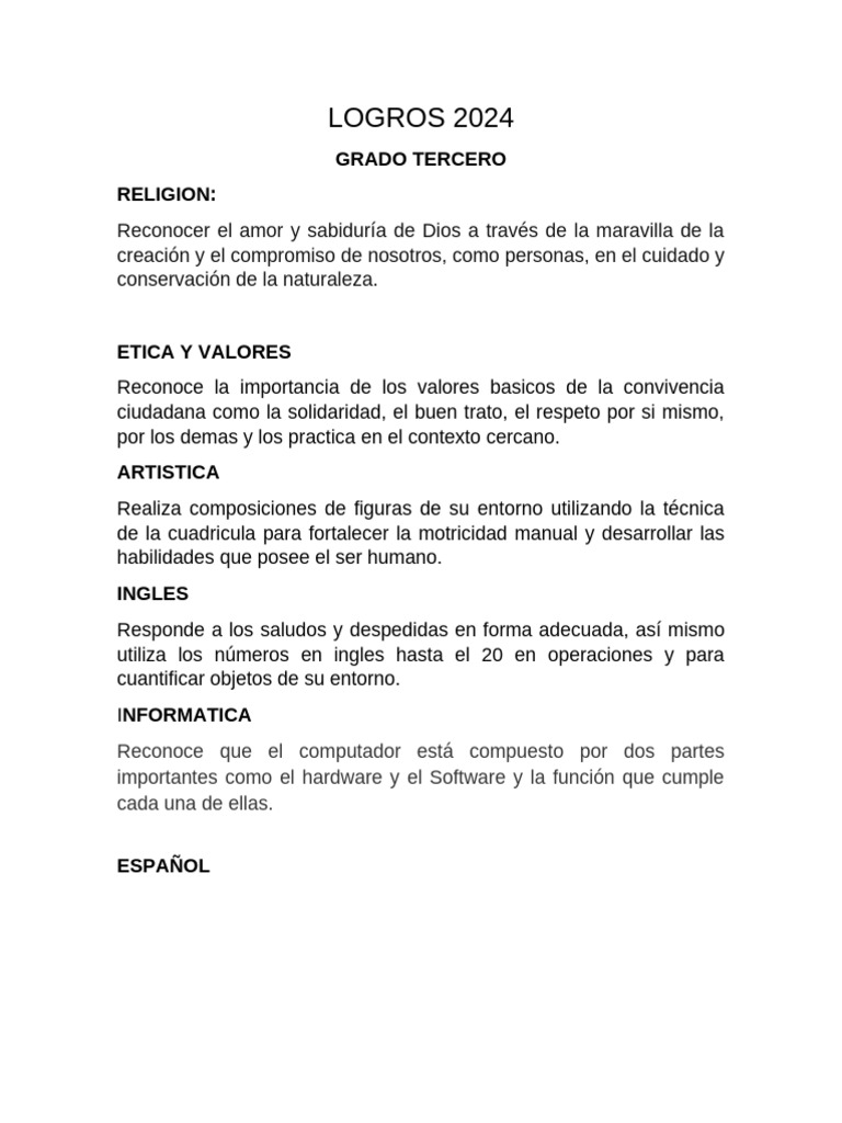 Logros Educativos 2024: Grados 3 y 4 | PDF | Narración | Amor