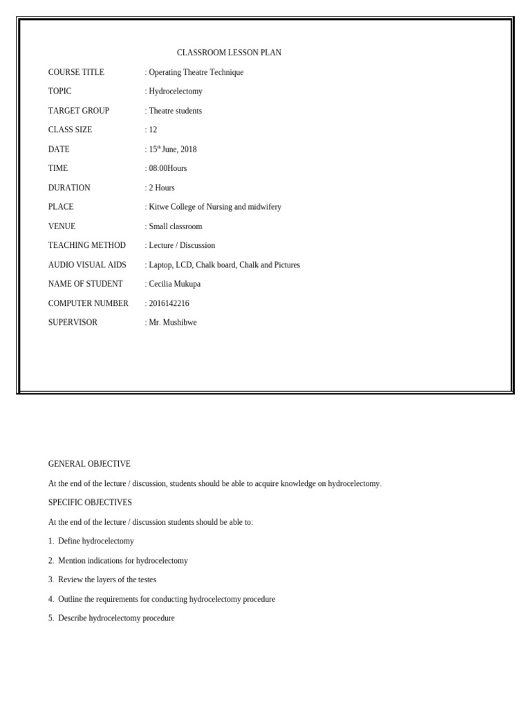 Hydrocelectomy Lesson Plan for Students | PDF | Peritoneum