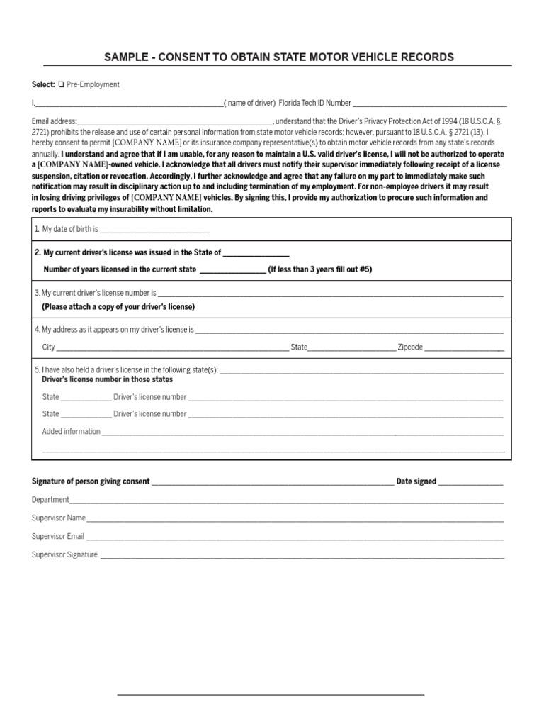 SAMPLE Consent-Obtain-Motor-Vehicle-Records-Form | PDF | Driver's ...