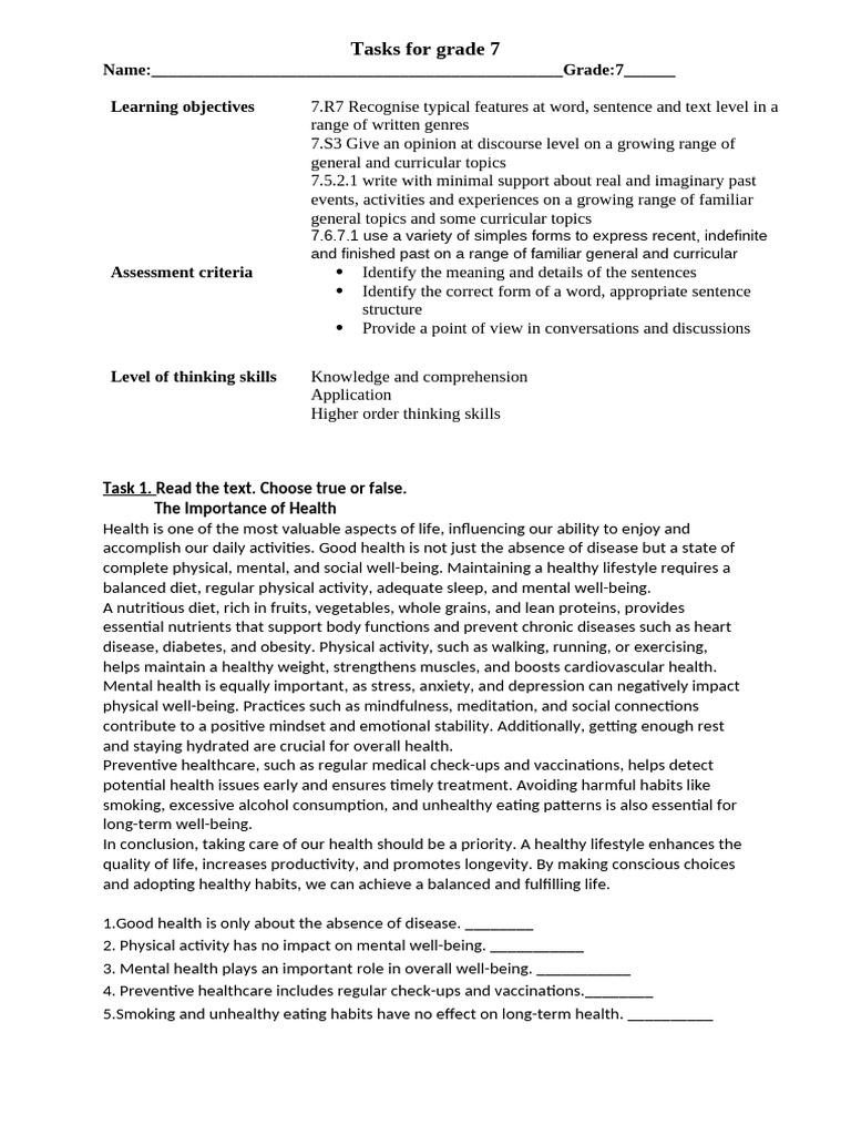 Grade 7 Health and Writing Tasks | PDF | Mental Health | Preventive ...