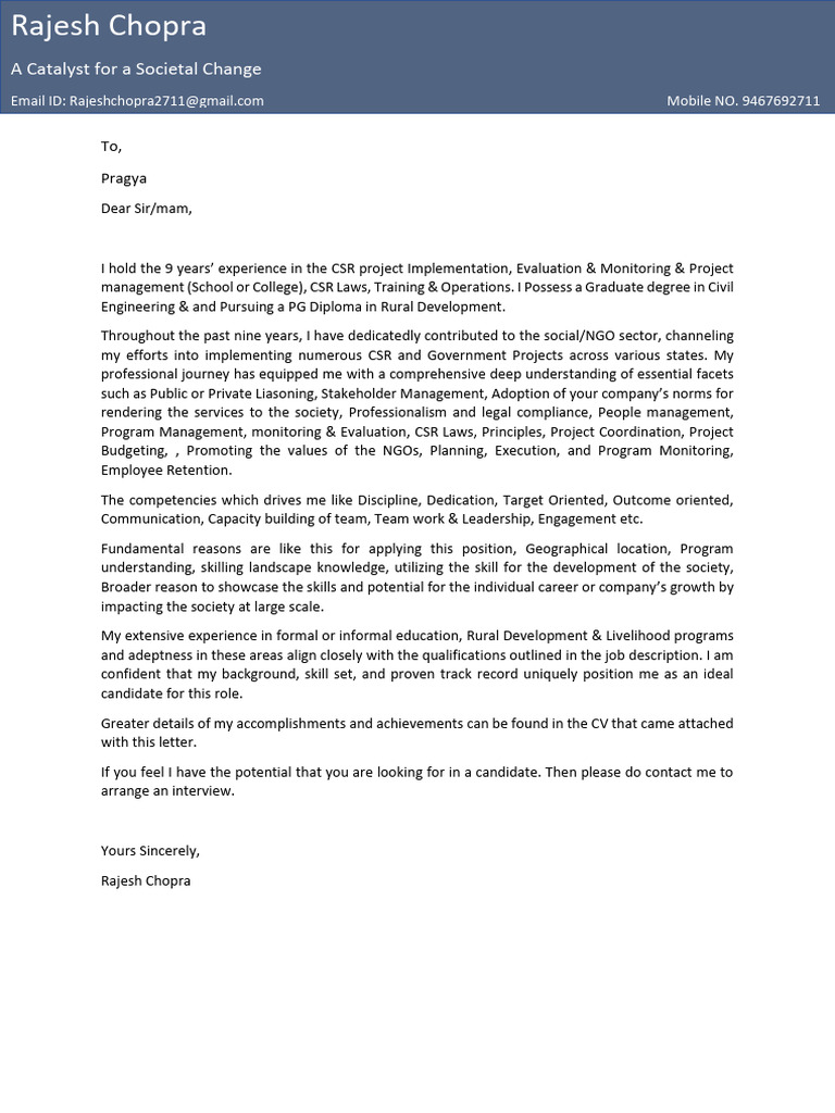 Cover Letter - MANAGER SOCIAL DEVELOPMENT | PDF | Corporate Social ...