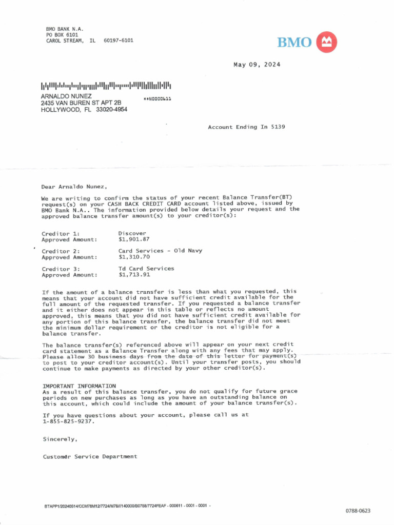 05-09-24 Letter of BMO Confirming Balance Transfers | PDF