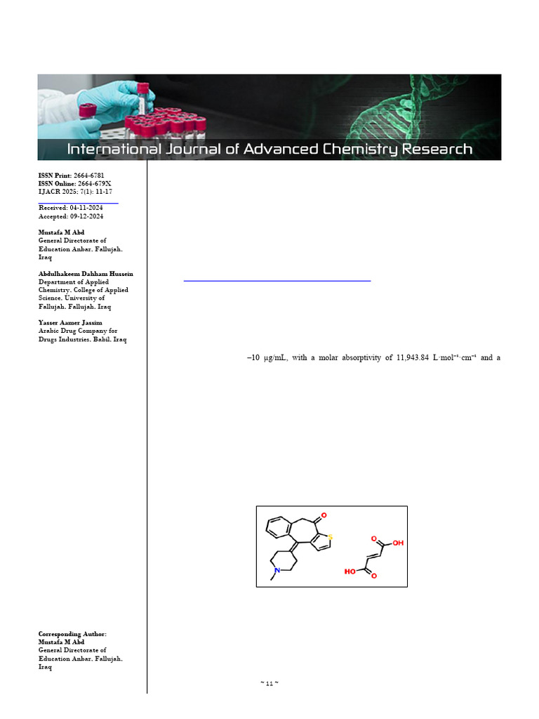 Development Of A Sensitive Spectrophotometric Method For The Quantification Of Ketotifen