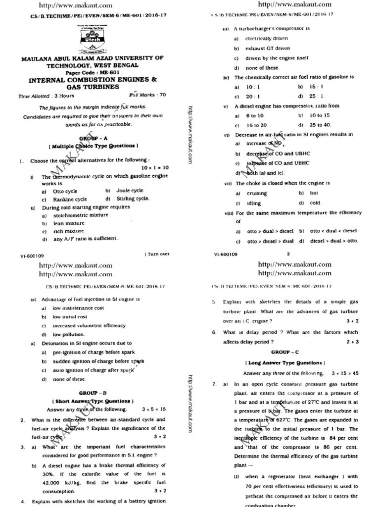 Btech Me 6 Sem Internal Combustion Engines and Gas Turbines 2017 | PDF