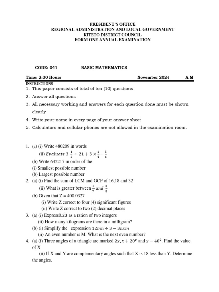 BASIC MATHEMATICS - F1 Annual examination | PDF | Numbers | Significant ...