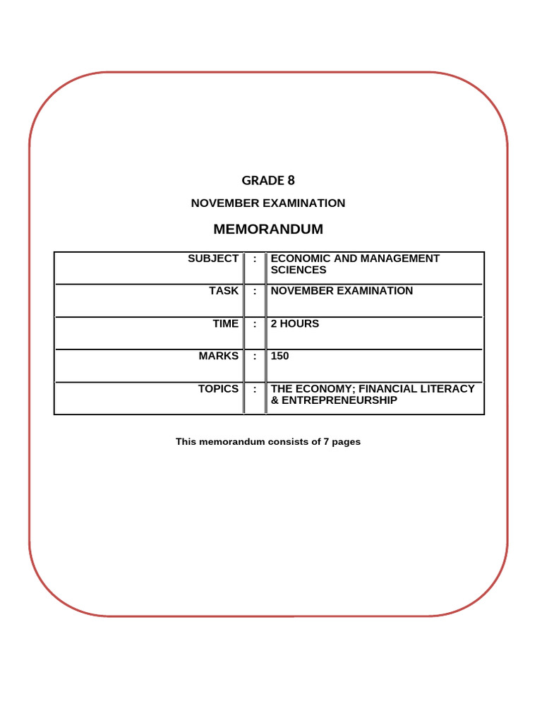 Grade 8 Term 4 Ems Memo | PDF | Partnership | Business Economics
