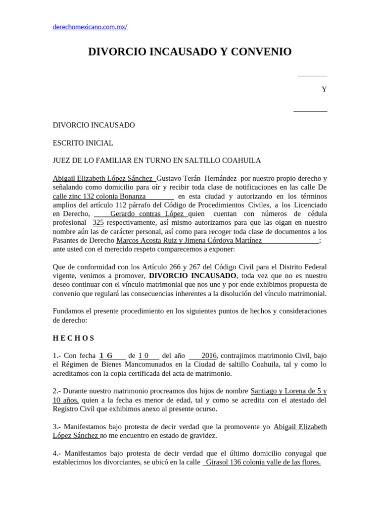 Divorcio Incausado Y Propuesta De Convenio Pdf Divorcio Matrimonio