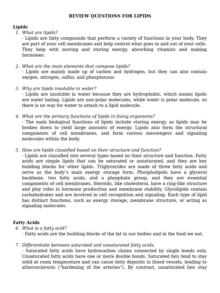 Biochem - Review Questions | PDF | Lipid | Fat