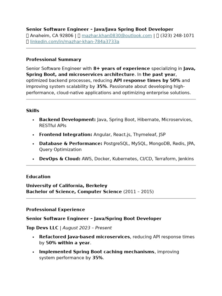 Senior Java Spring Boot Engineer Resume | PDF
