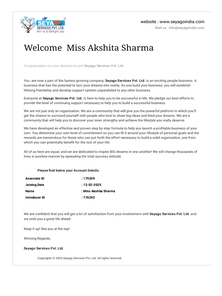 Welcome Letter - Seyago Services PVT LTD | PDF
