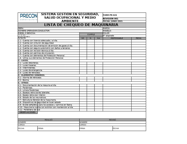 FORM-PR-025 Check List Maquinaria | PDF