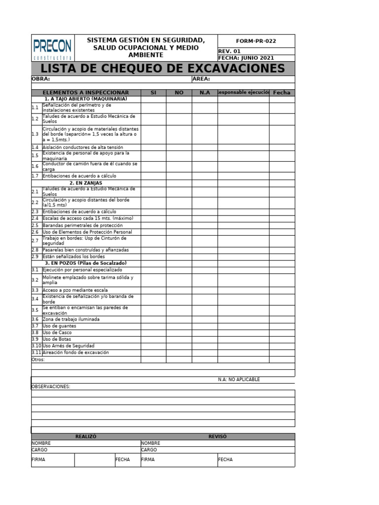 FORM PR 022 Chequeo Excavaciones | PDF