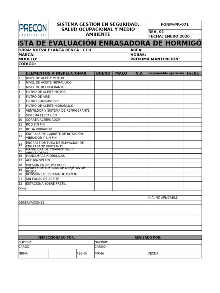 FORM-PR-072 Chequeo Cortadora de Pavimentos | PDF | Tecnología de vehículos | Vehículos