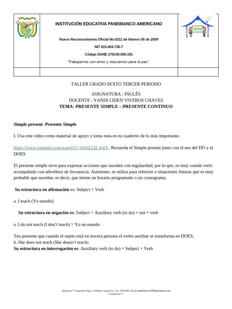 Taller de Recuperación Inglés Grado 6-1 y 6-2 Tercer Periodo | PDF | Verbo | Asunto (gramática)