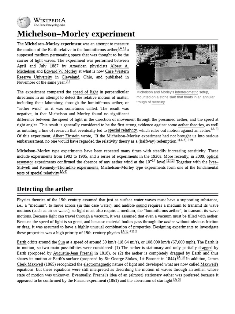 Michelson-Morley Experiment Overview | PDF | Luminiferous Aether ...
