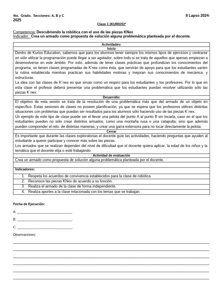 Estructura de Las Clases Robótica 4to. Grado II Lapso 2024-2025 | PDF ...
