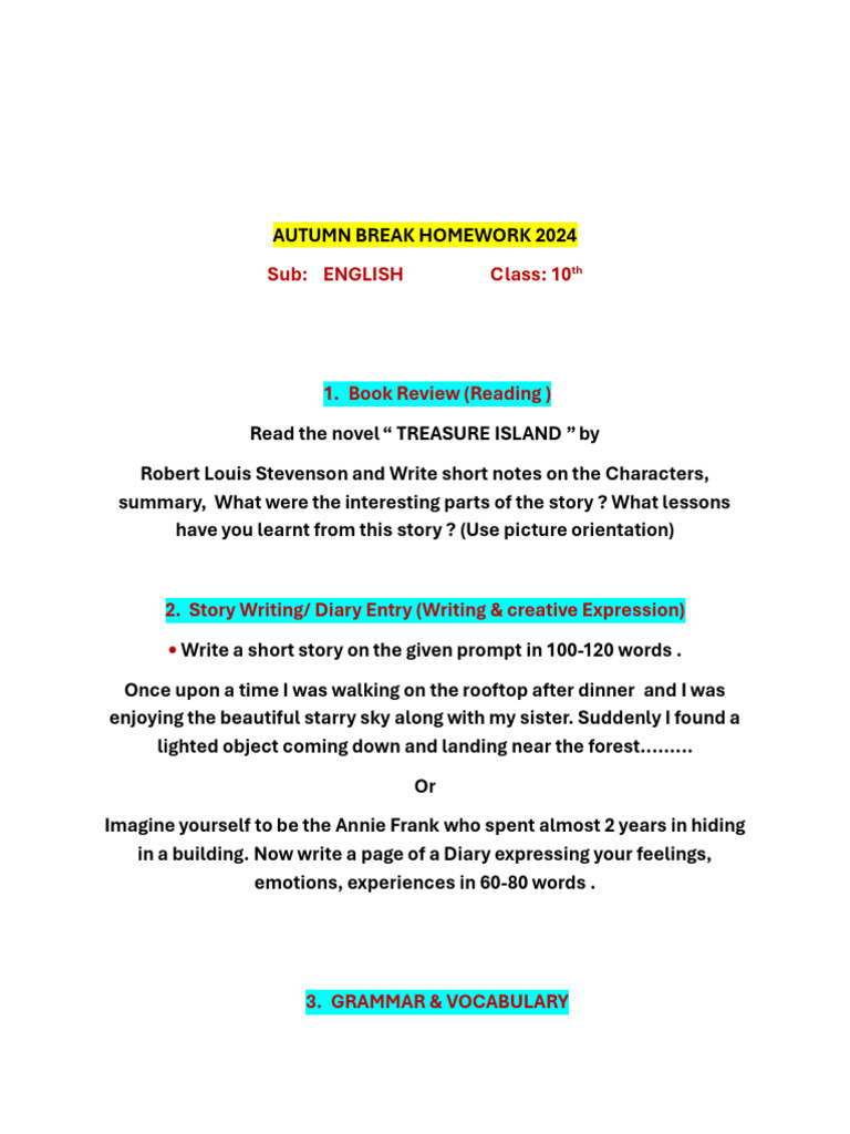 AUTUMN BREAK HOMEWORK ENGLISH 10 | PDF