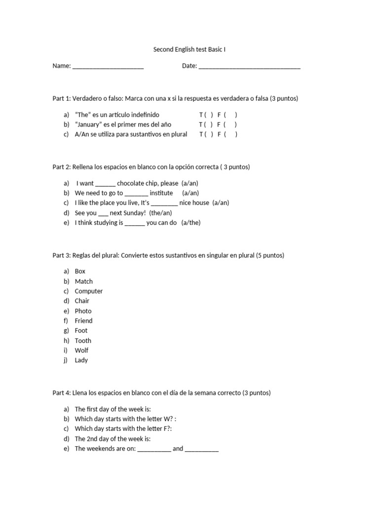 Examen de Inglés Básico I: Prueba de Conocimientos | PDF
