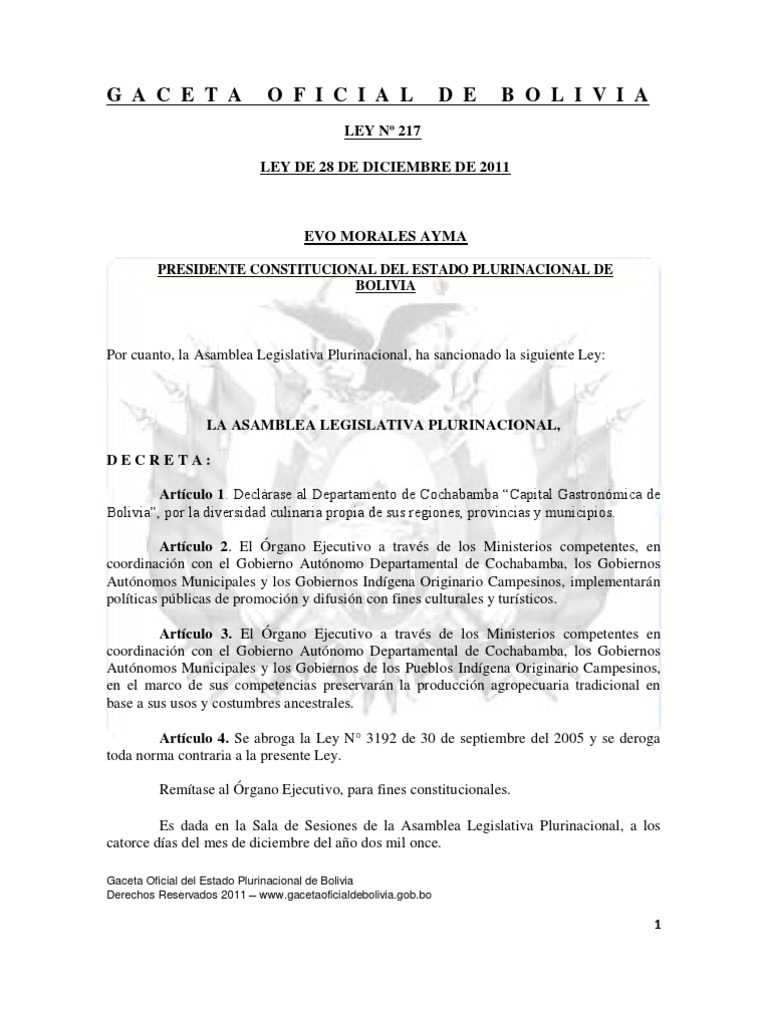 Ley 217 Declaración Al Departamento de Cochabamba Capital Gastronómica ...