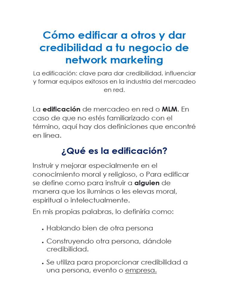 Cómo Edificar A Otros y Dar Credibilidad A Tu Negocio de Network Marketing | PDF ...