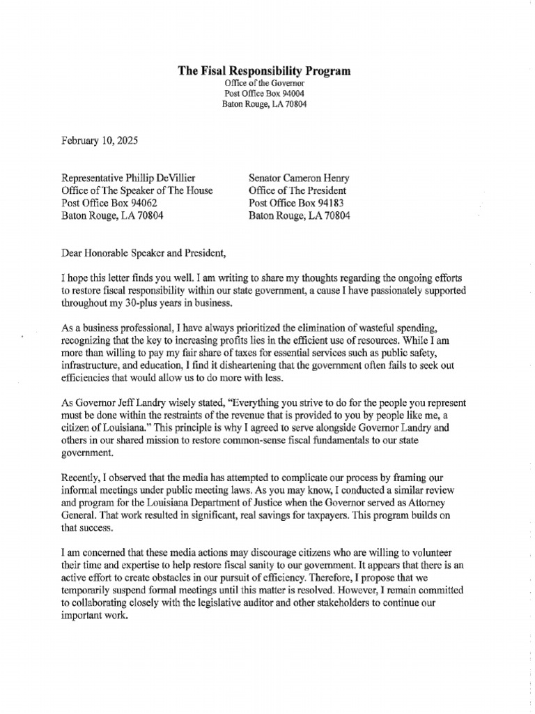 Louisiana Fiscal Responsibility Letter From Steve Orlando | PDF