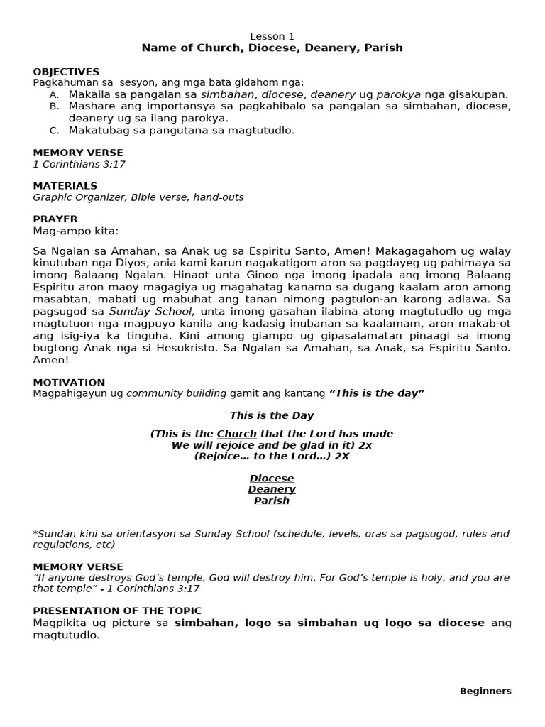 Lesson 1 Name of Church Diocese Deanery Parish Beginner | PDF