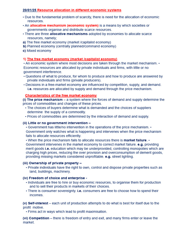 Lesson 4 1 Resource Allocation In Different Economic Systems The Free Market Economy Pdf